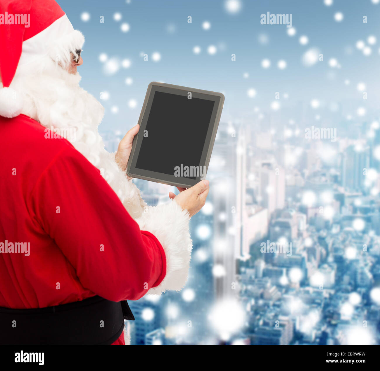 man in costume of santa claus with tablet pc Stock Photo - Alamy