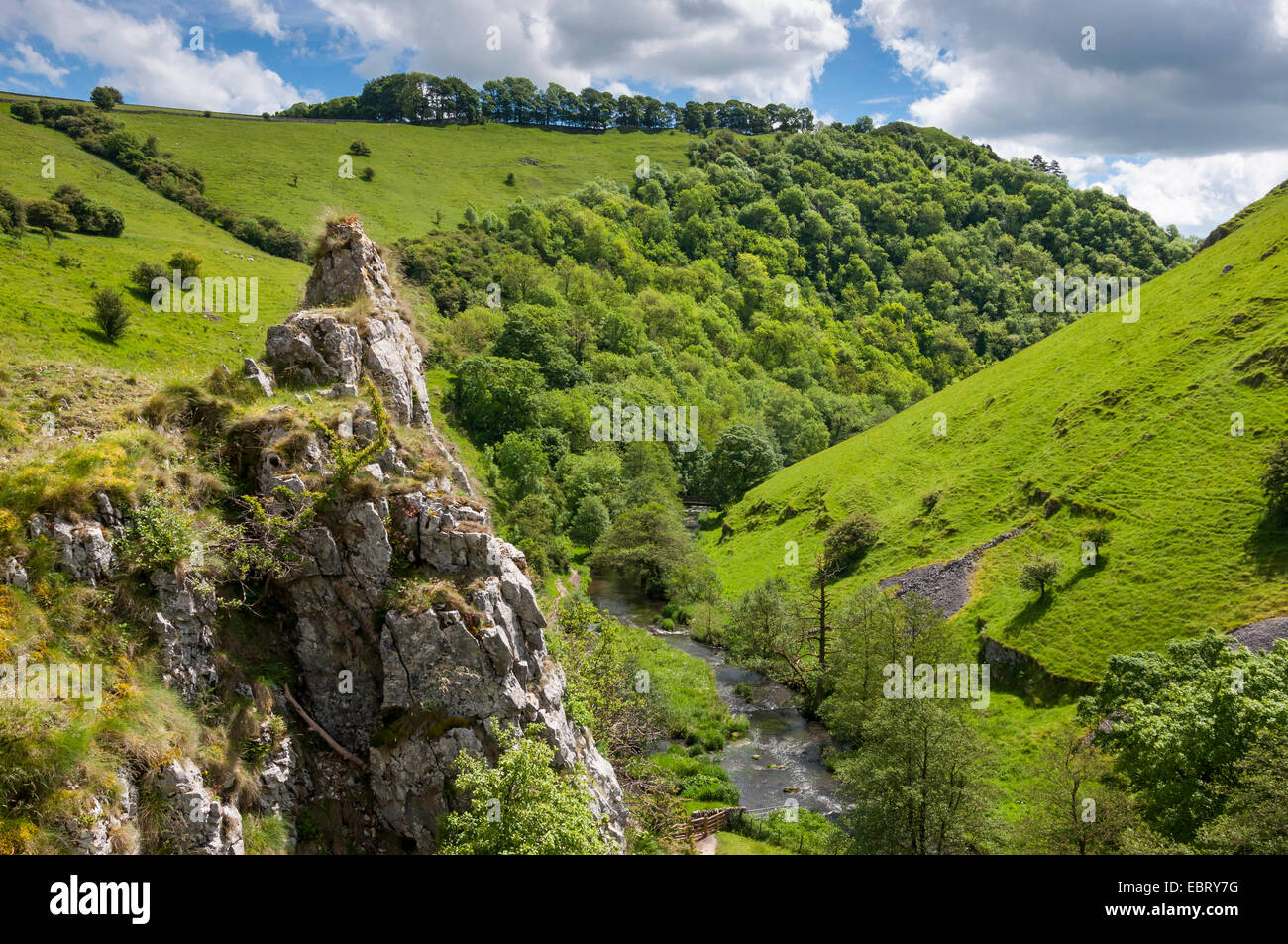 Limestone rocks and crags at Wolfscote Dale in the Peak District ...