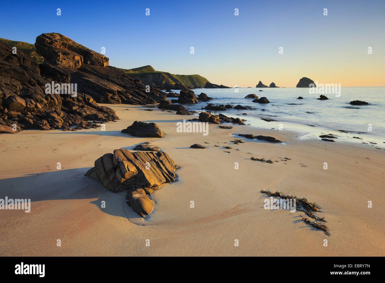 sandy beach at the northern coast of Scotland in morning light, United ...