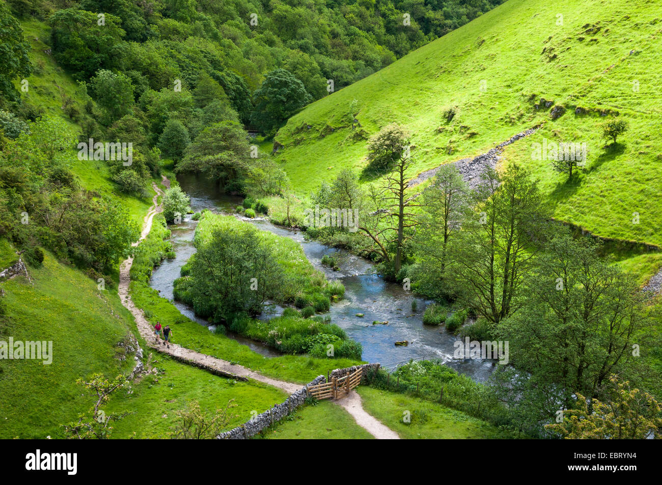 Looking down at the footpath at the junction of Wolfscote Dale and ...