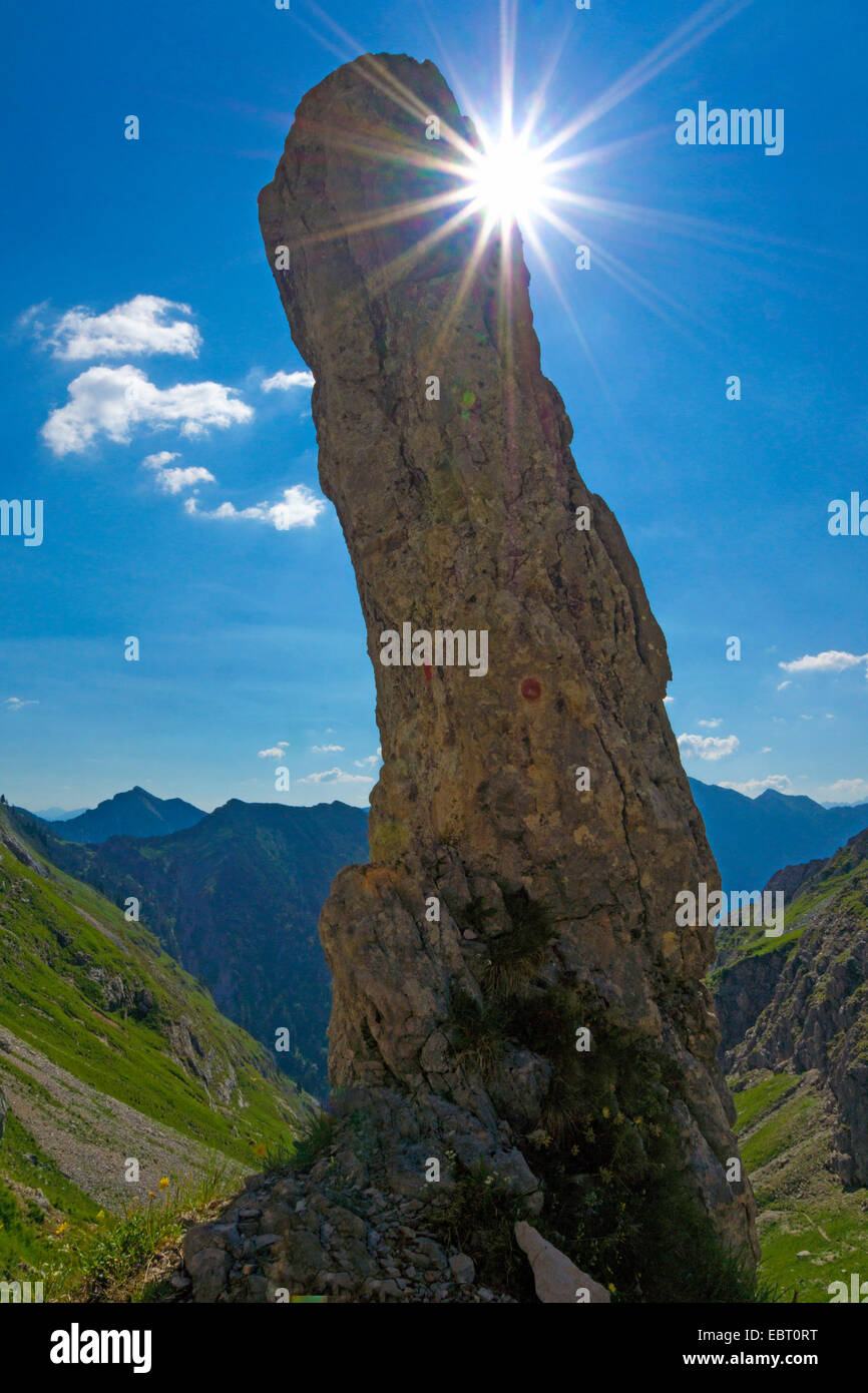 rock tower in backlight, Roggentalgabel, Ammergau Alps, Germany ...