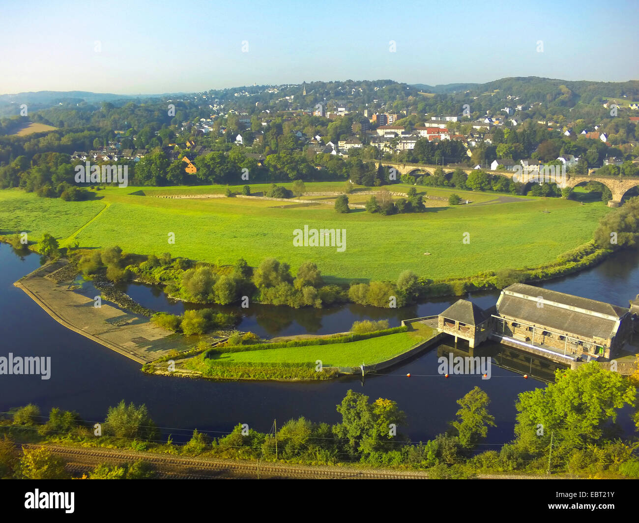 aerial view from Hohenstein to Ruhr valley with hydropower station ...