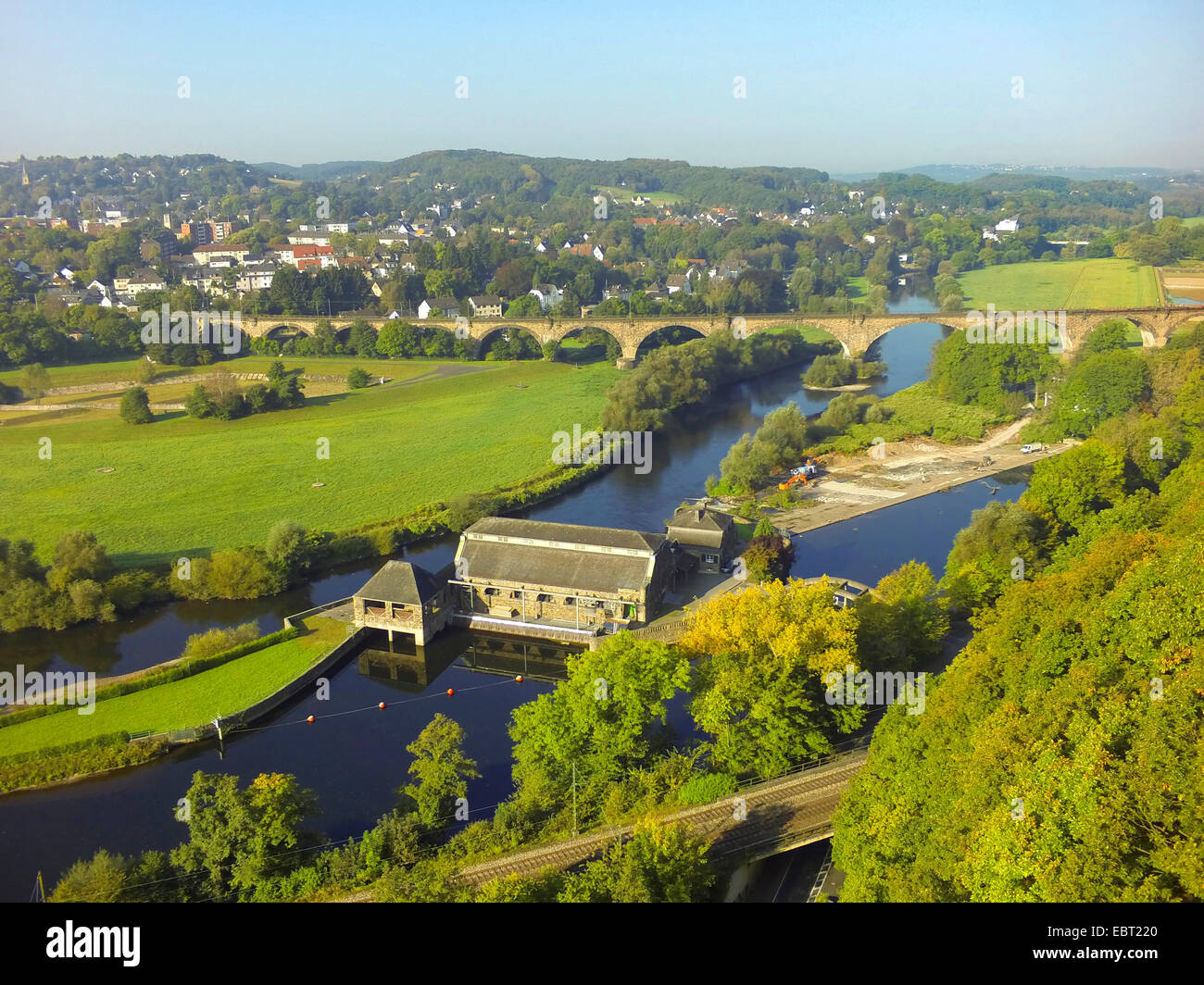 aerial view from Hohenstein to Ruhr valley with hydropower station ...