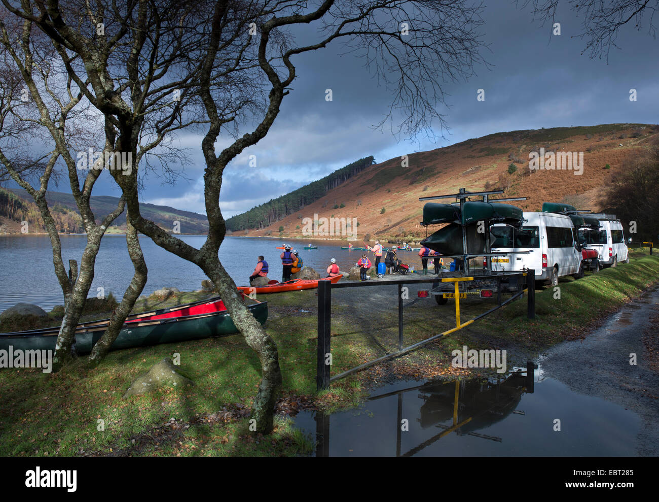 Outdoor activities young people Kayaking on at Llyn Geirionydd lake in ...