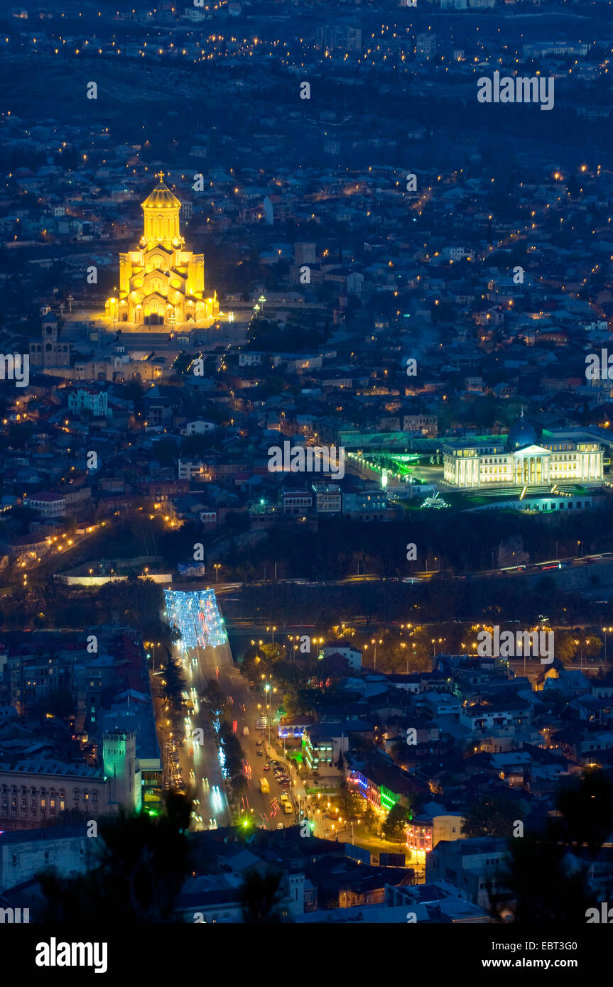 The photo of illuminated Sameba Cathedral (Georgia, Tbilisi Stock Photo ...