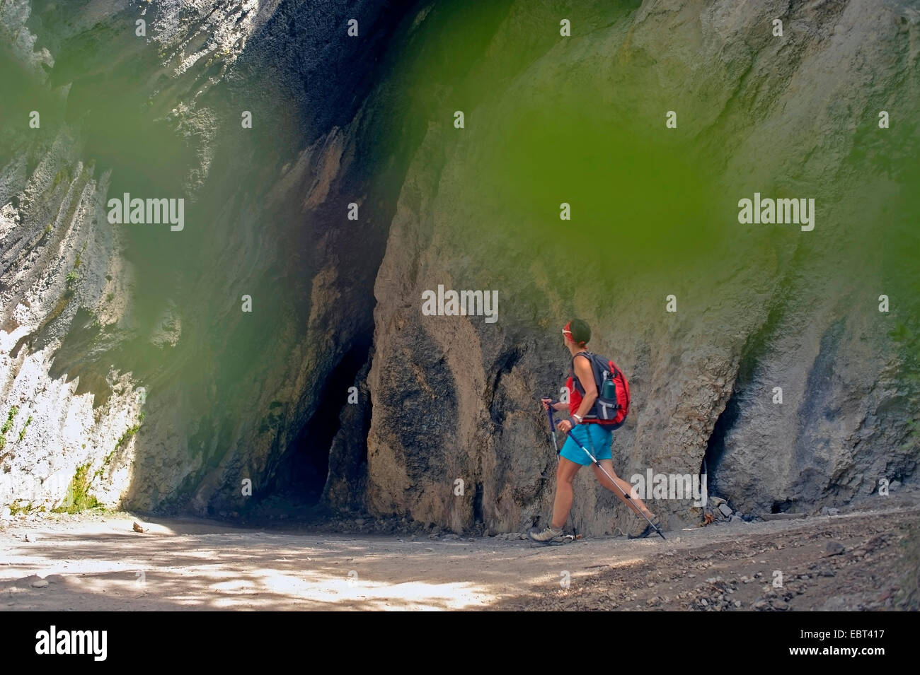 female wanderer walking in the canyon of Verdon, France, Alpes de Haute ...