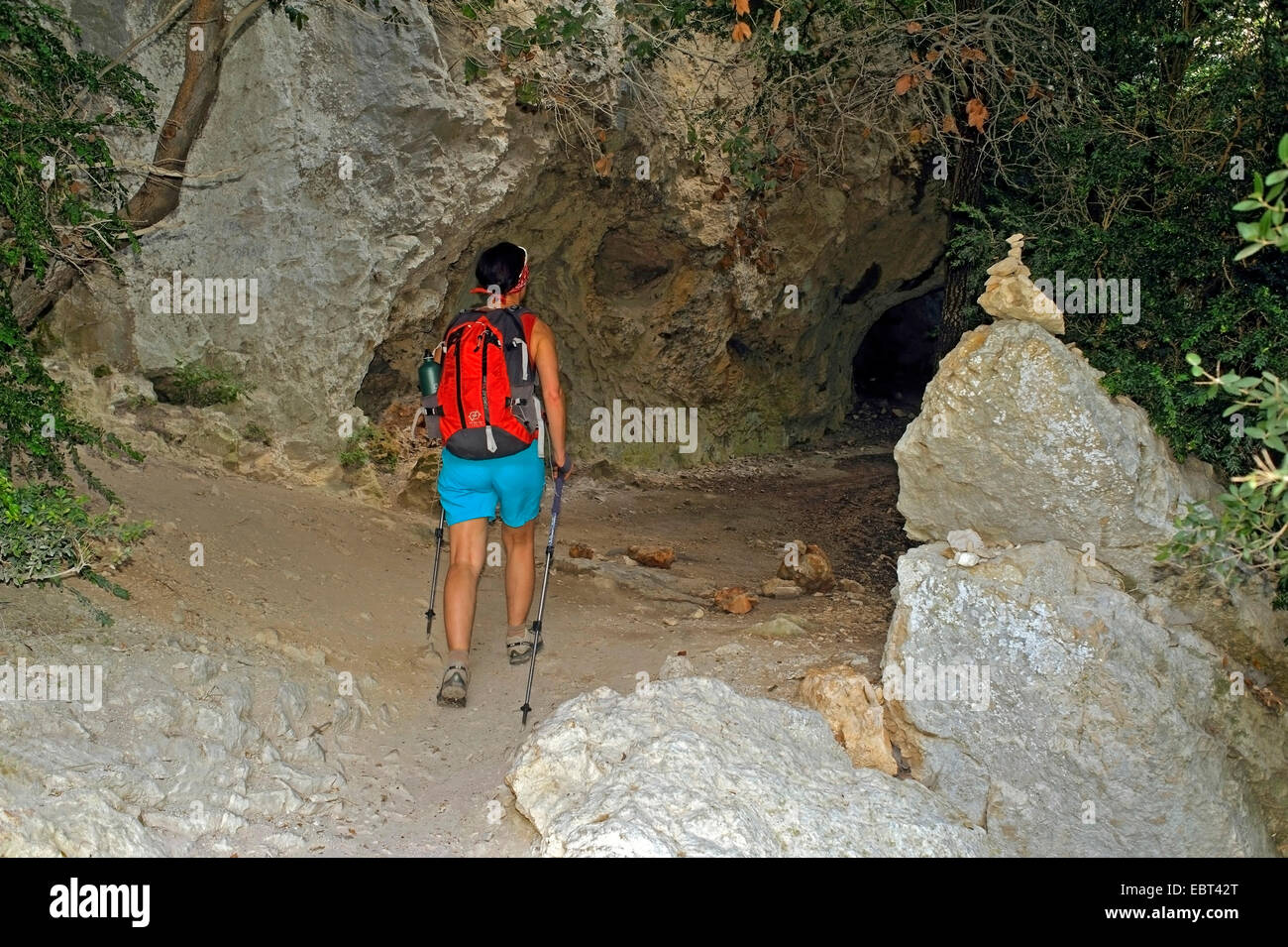 female wanderer walking through the canyon of Verdon, France, Alpes de ...
