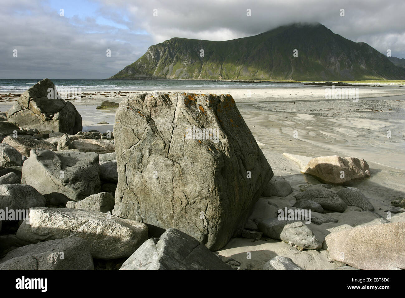 boulders at the beach near Vareid, Norway, Lofoten Islands, Flakstadoya ...