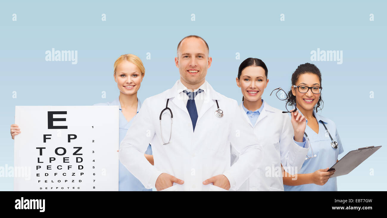 group of smiling doctors with eye chart Stock Photo - Alamy