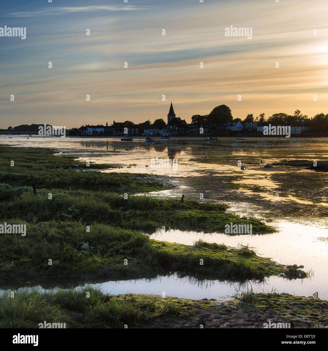 Beautiful Summer sunset landscape over low tide harbor with boats Stock ...