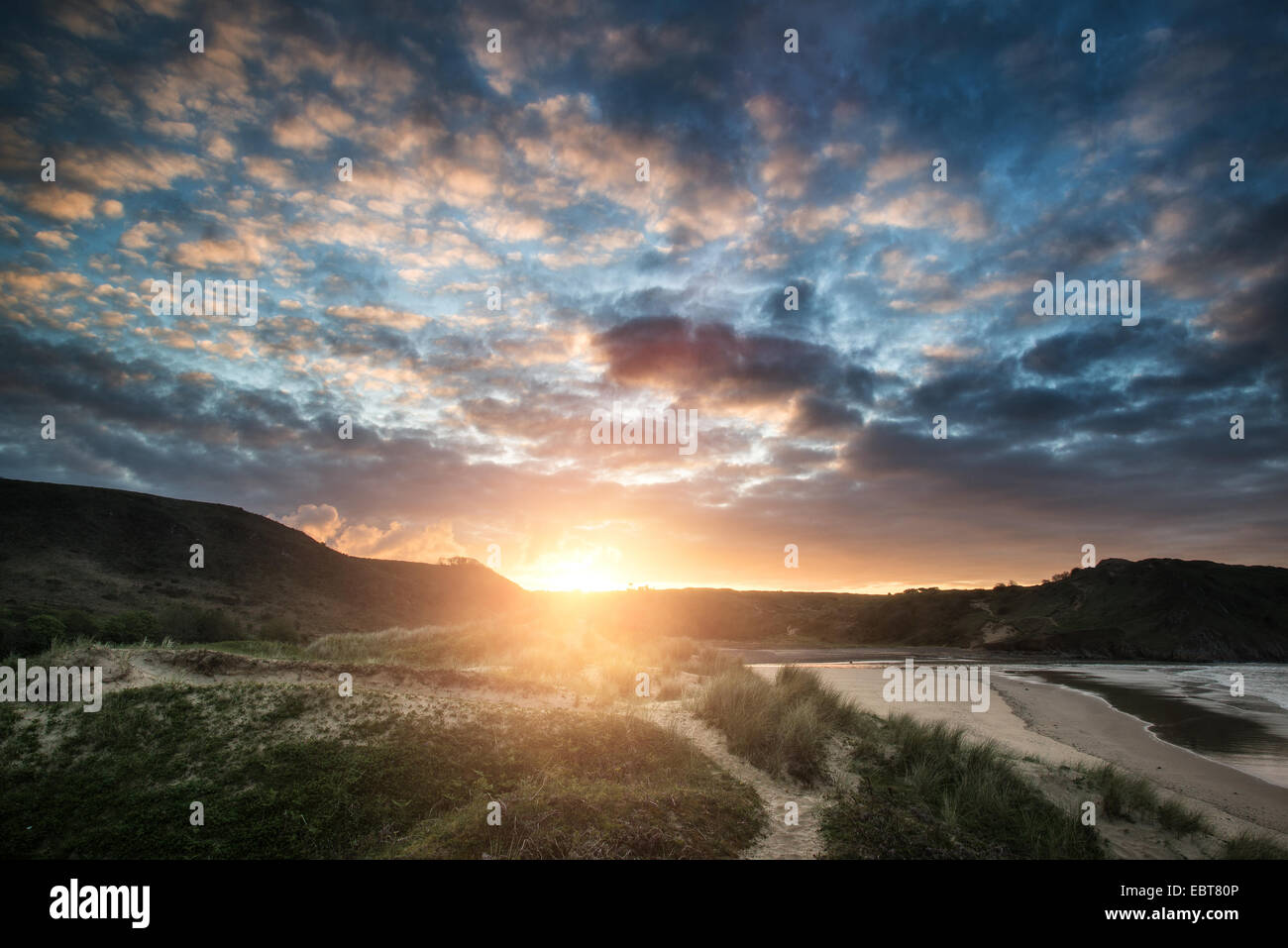Beautiful Summer morning landscape over yellow sandy beach Stock Photo ...