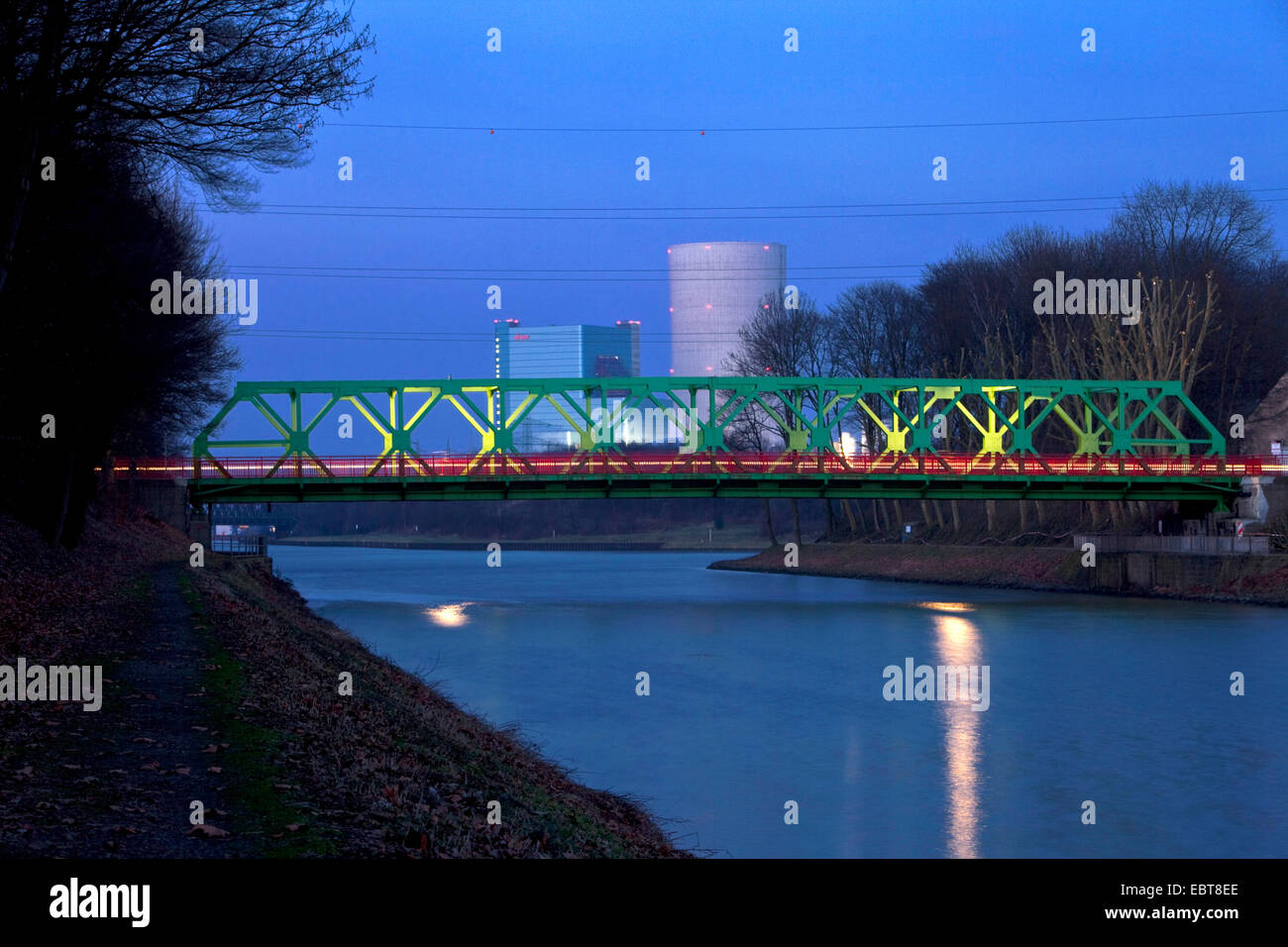 DortmundûEms Canal and Lucas bridge, coal power plant in background ...