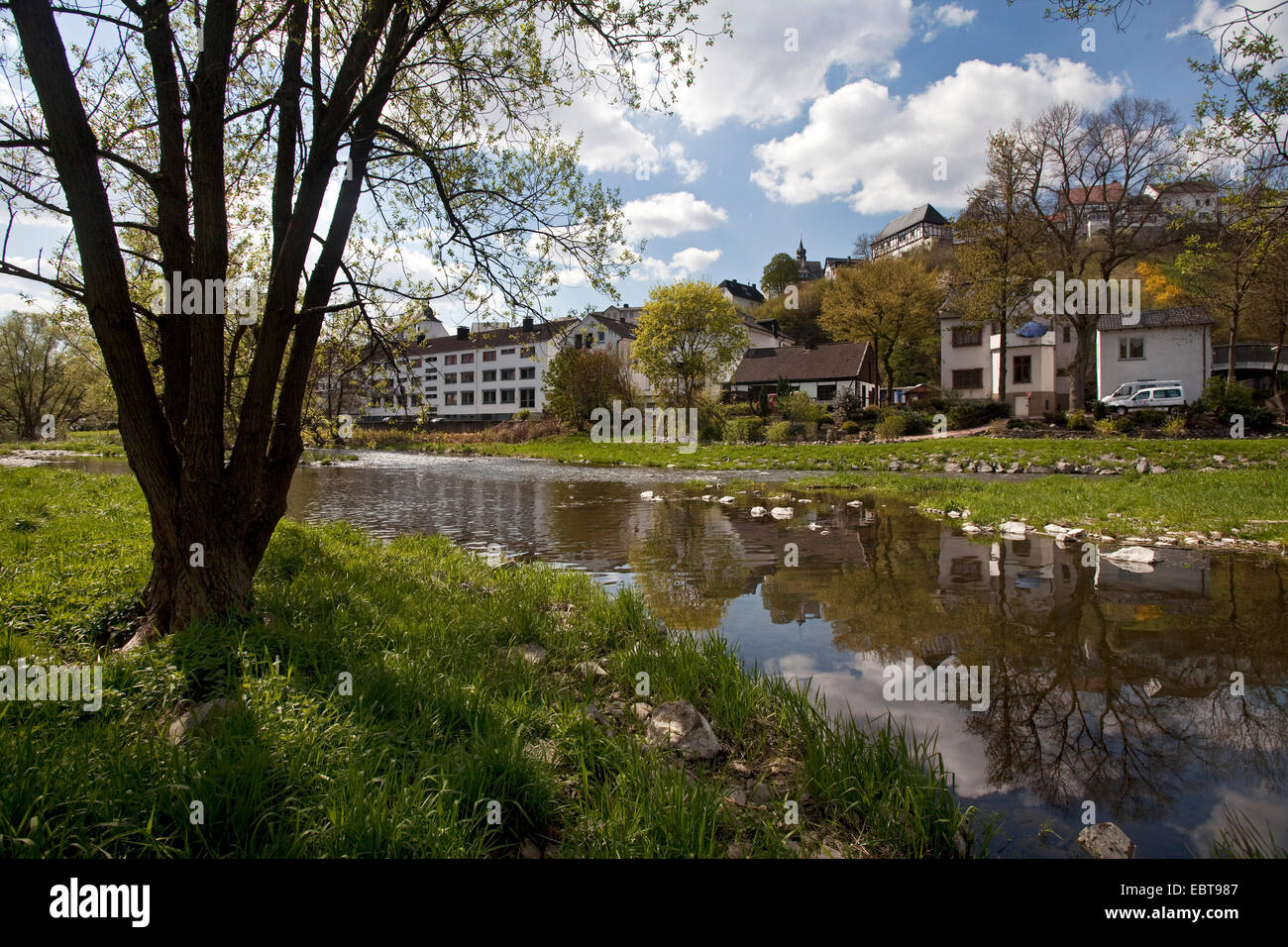 idyllic Ruhr river flows through the city, Germany, North Rhine ...