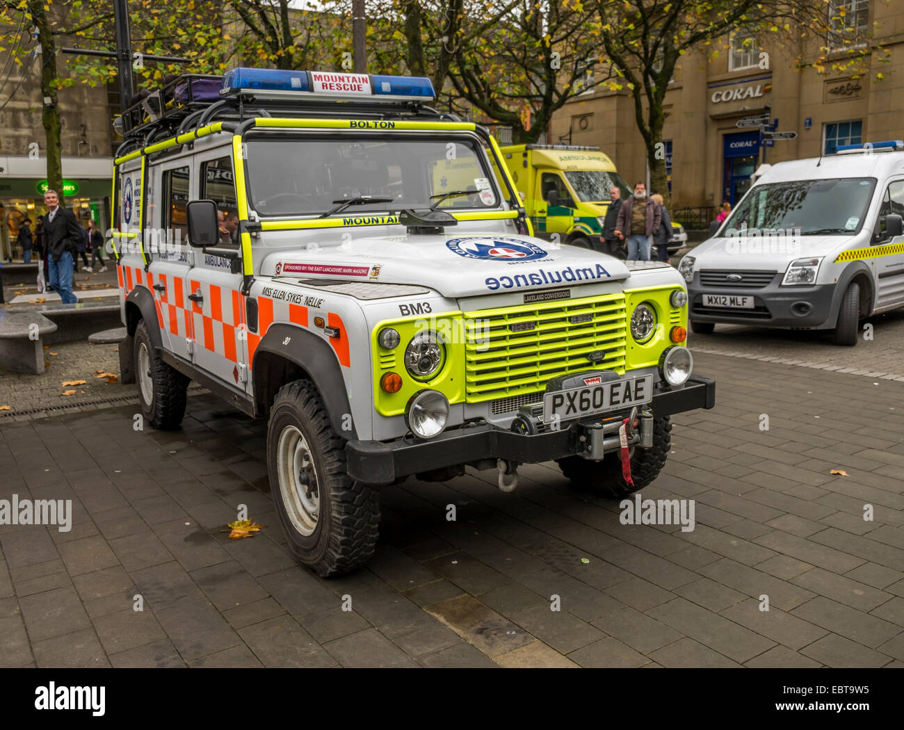 Mountain rescue land rover on display in Bolton Town Center Stock Photo ...