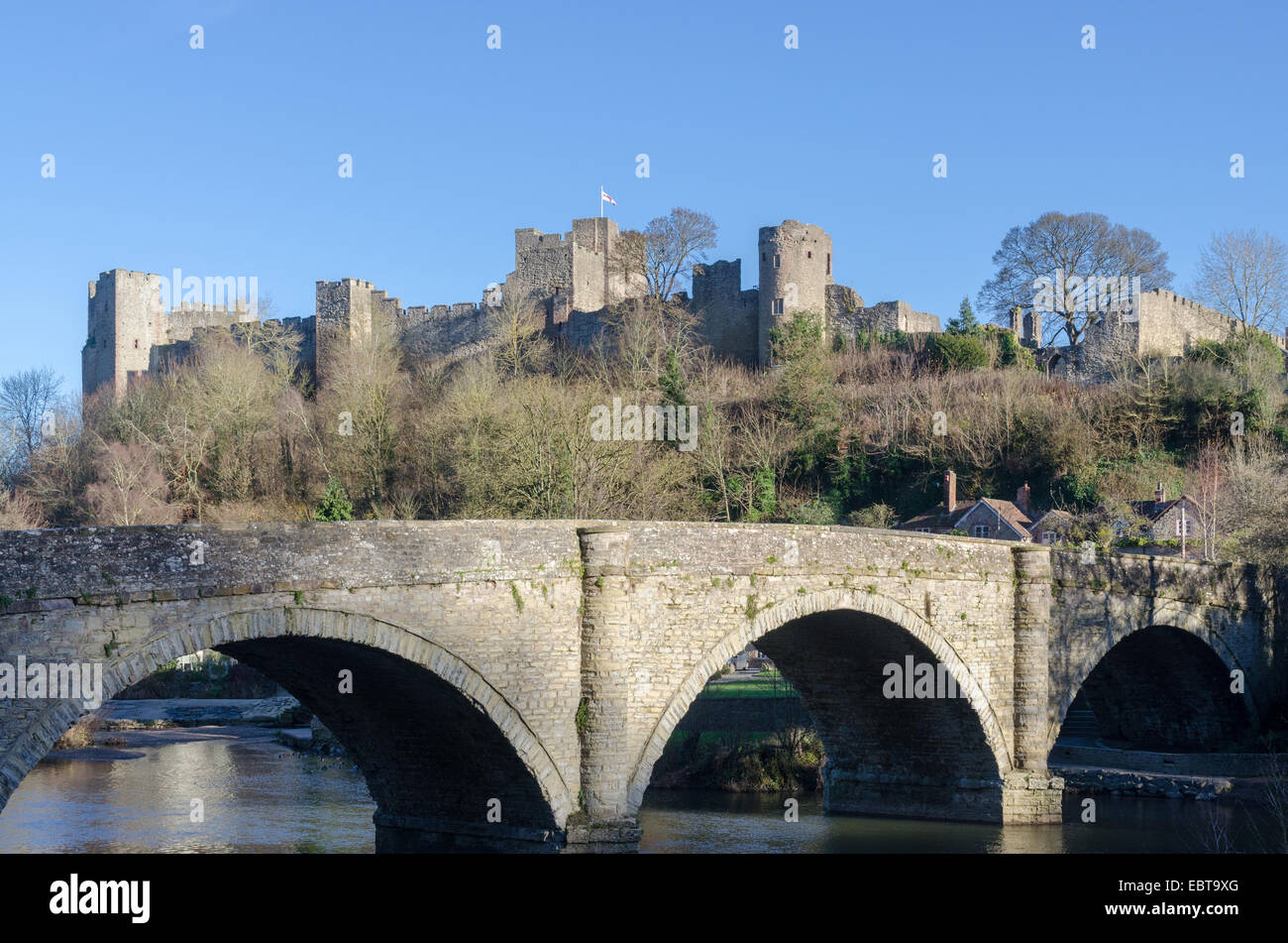 Ludlow Castle in the Shropshire market town with Dinham Bridge over the ...
