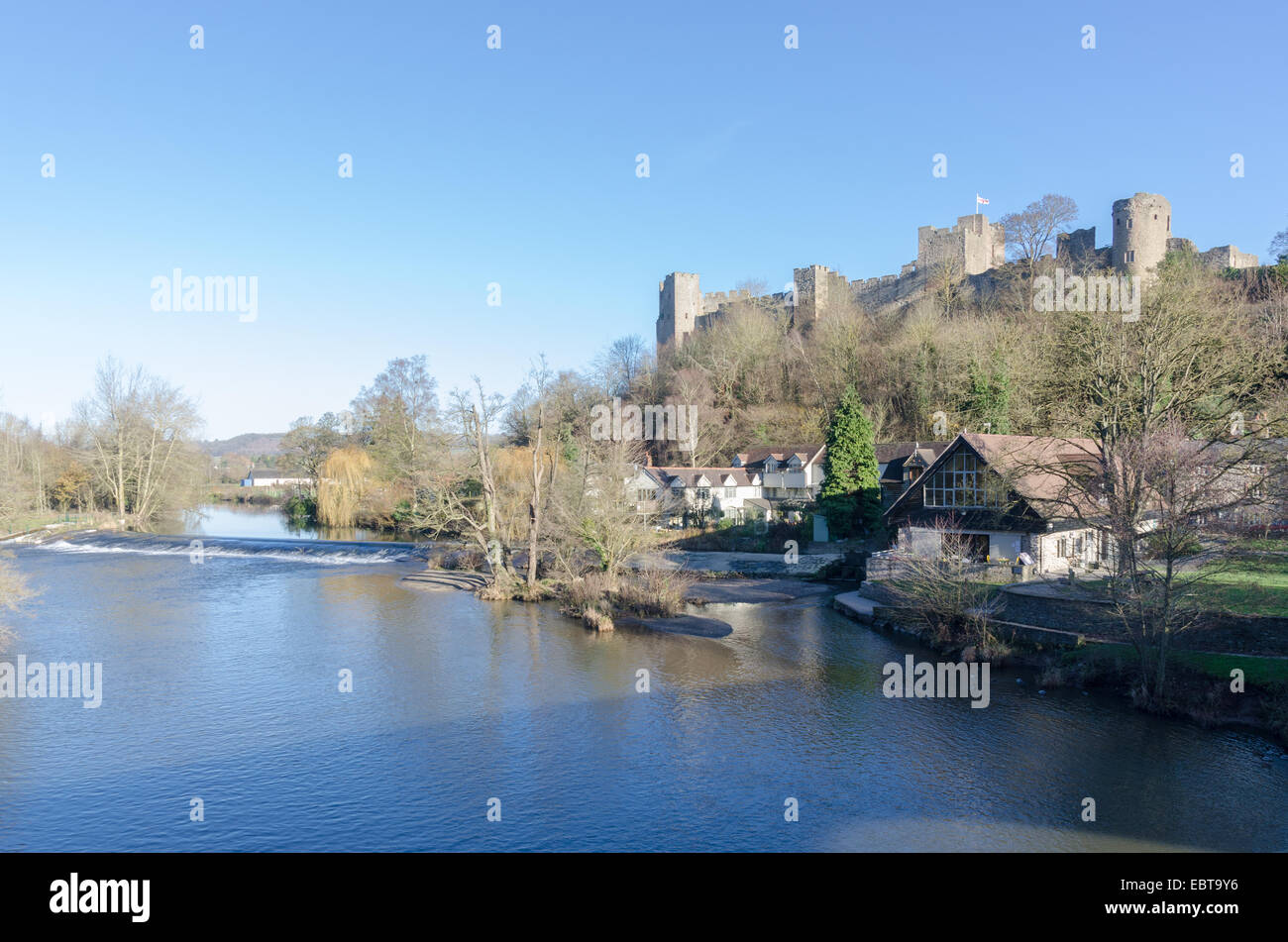 Dinham Weir on the River Teme in Ludlow, Shropshire with the castle in ...