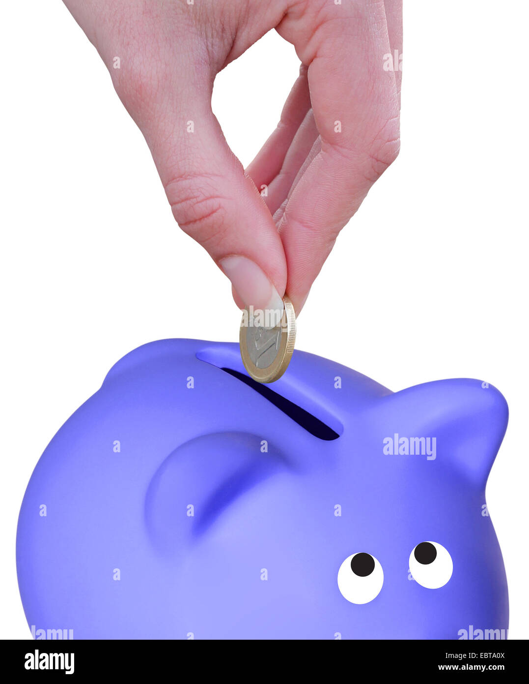 Female hand putting a coin euro in a piggy bank on white background ... Female hand putting a coin euro in a piggy bank on white background ...
