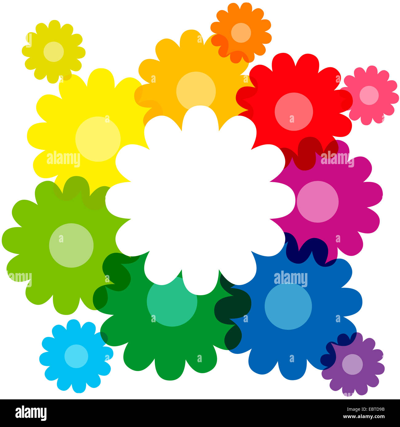 Rainbow colored flowers forming a colorful bouquet and frame to write ...