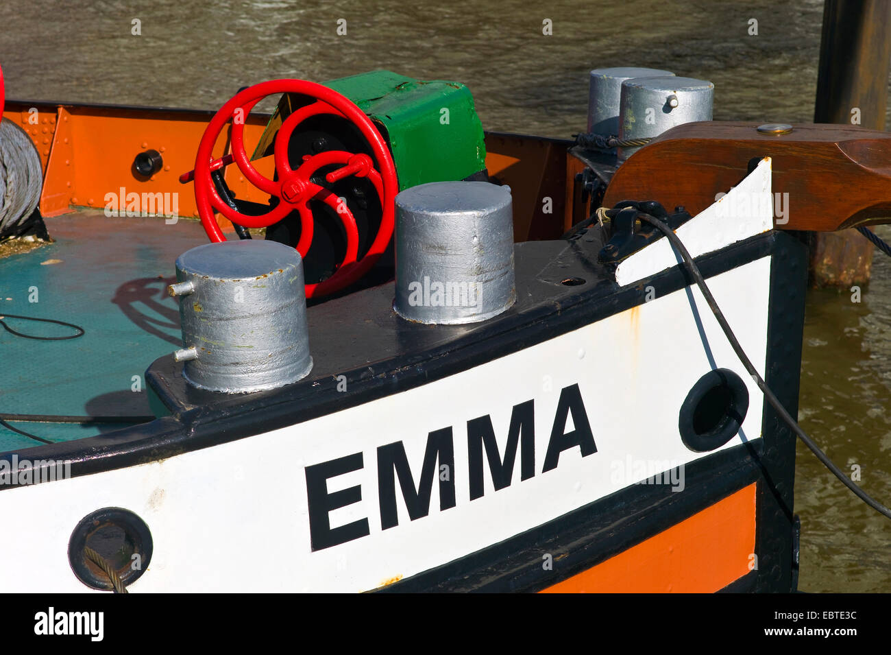 windlass and red hand wheel of barge, Germany, Bremerhaven Stock Photo ...
