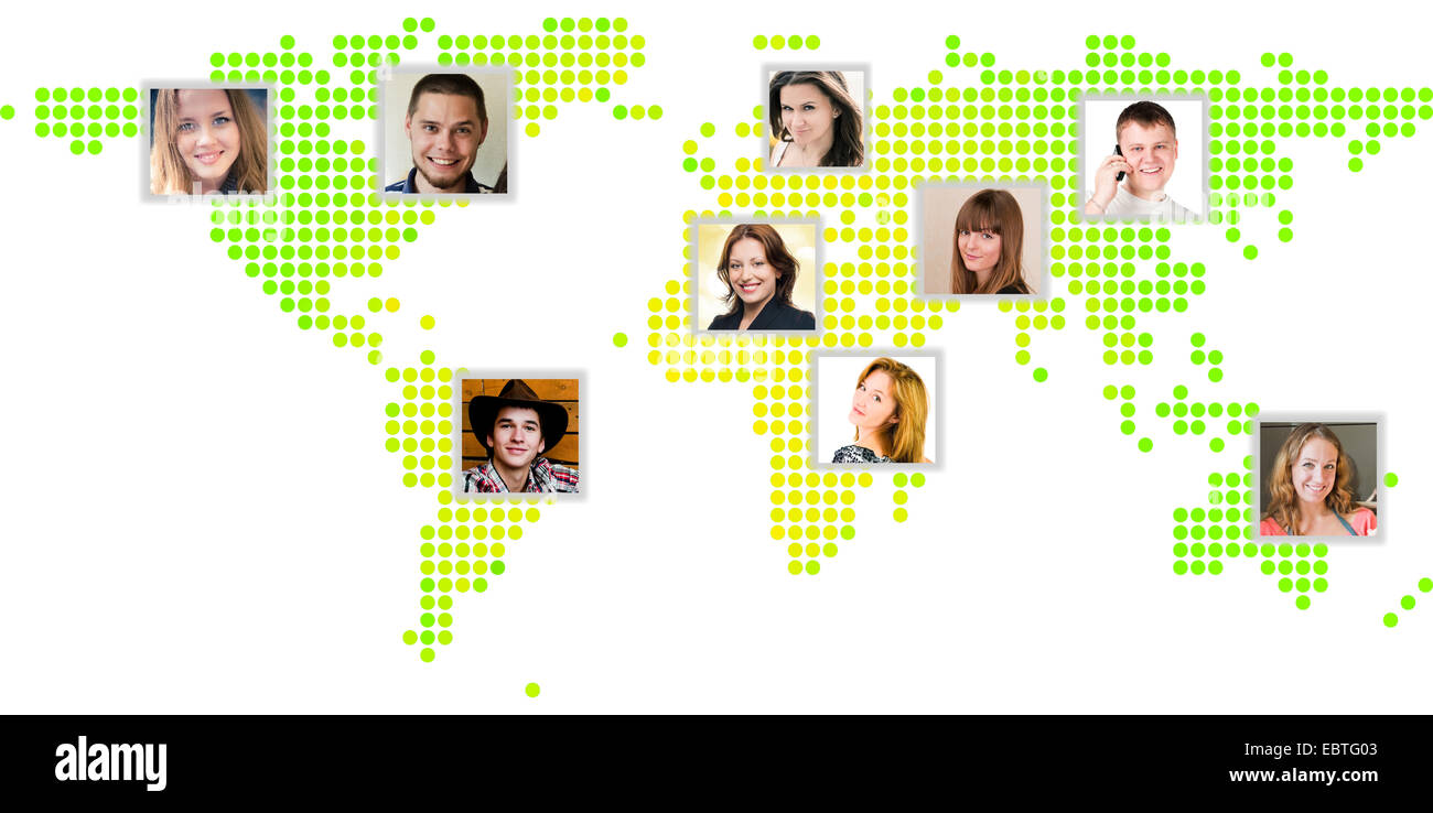 Photo of people at world map. International communication concept Stock ...