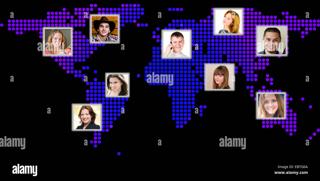 Photo of people at world map. International communication concept Stock ...