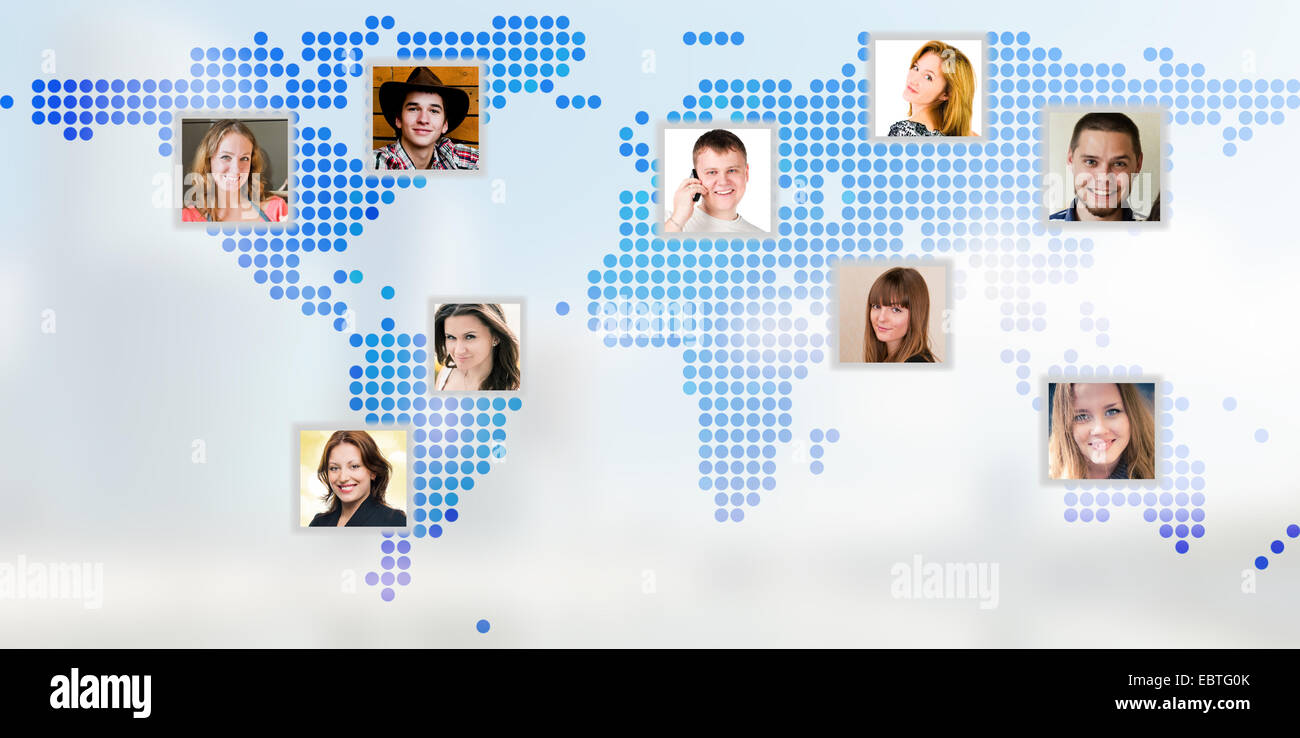 Photo of people at world map. International communication concept Stock ...