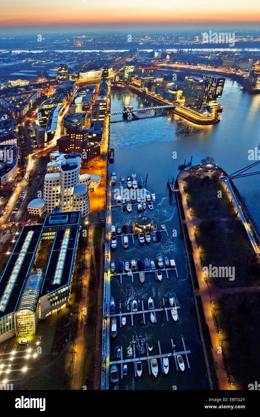 view from Rhine Tower to Media Harbour in evening light, Germany, North ...