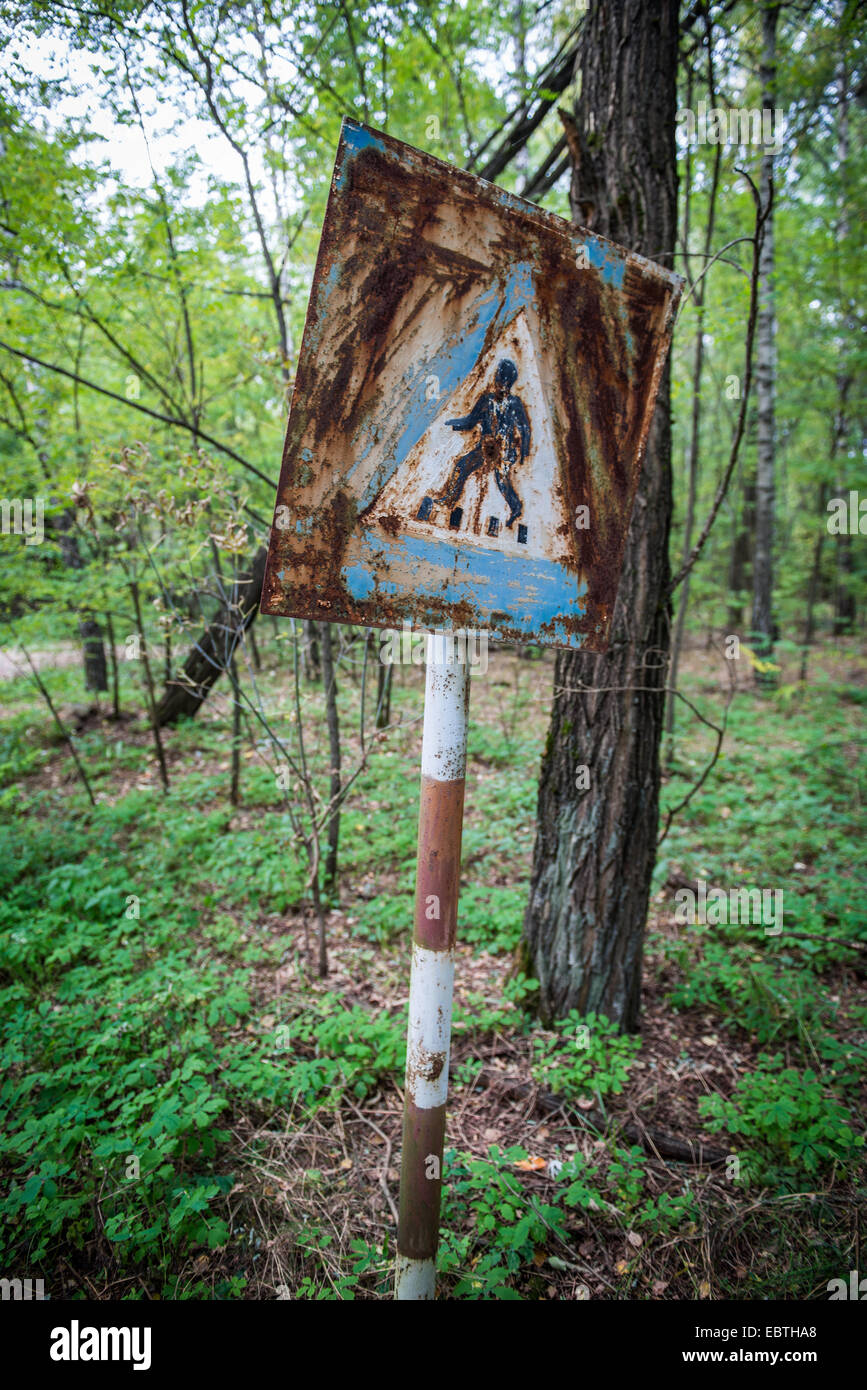 blue Pedestrian Crossing Sign in Chernobyl-2 military base next to Duga ...