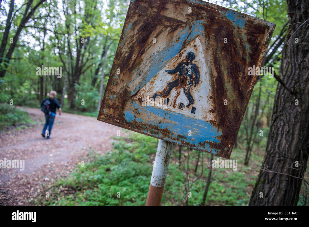 blue Pedestrian Crossing Sign in Chernobyl-2 military base next to Duga ...