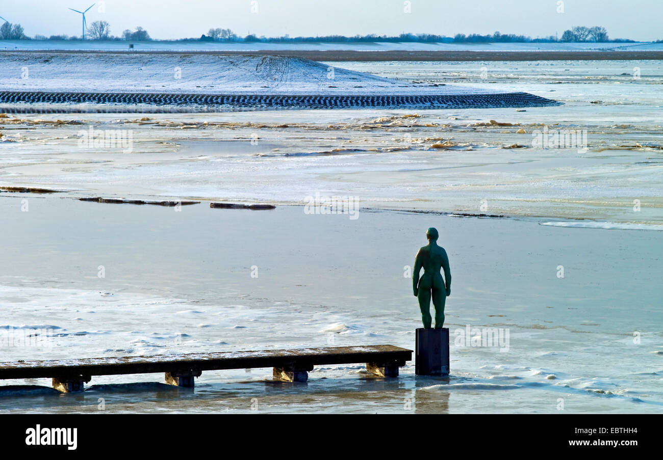 sculpture in the icy Jade Bay, Germany, Lower Saxony, Frisia, Dangast ...
