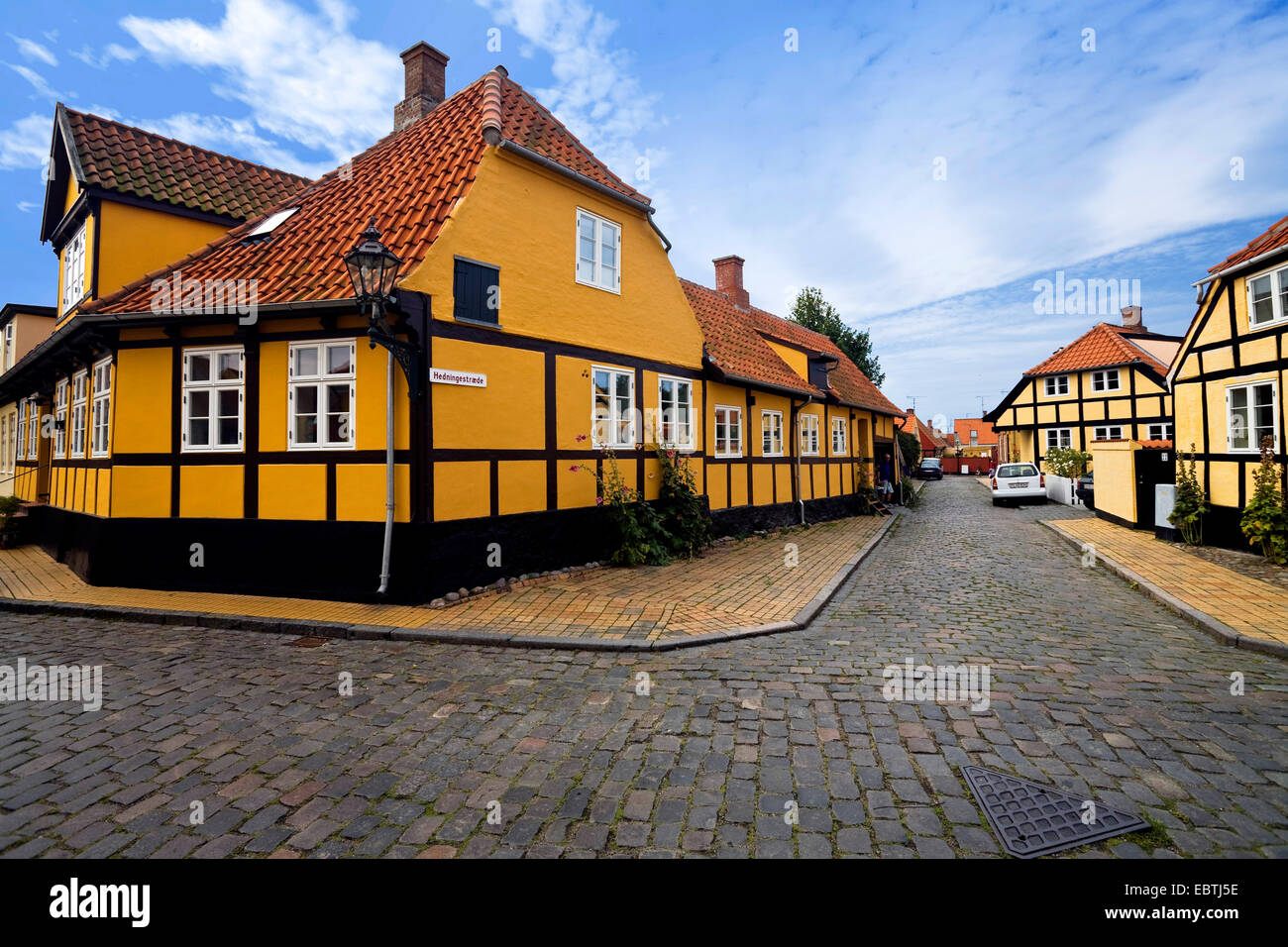 alley with half-timbered houses, Denmark, Bornholm, Roenne Stock Photo ...