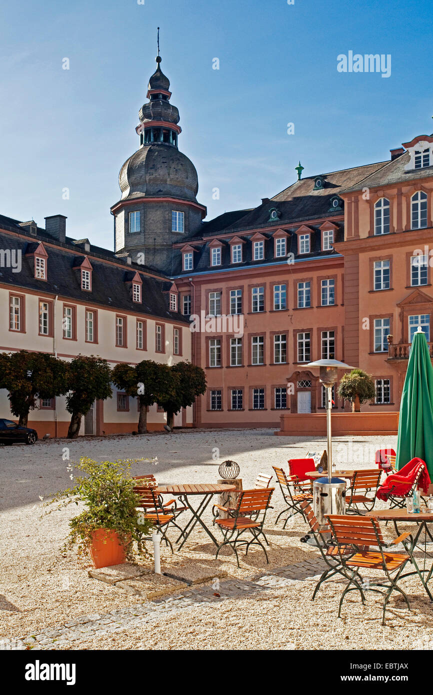 cafe in the yard of Berleburg castle, Germany, North Rhine-Westphalia ...