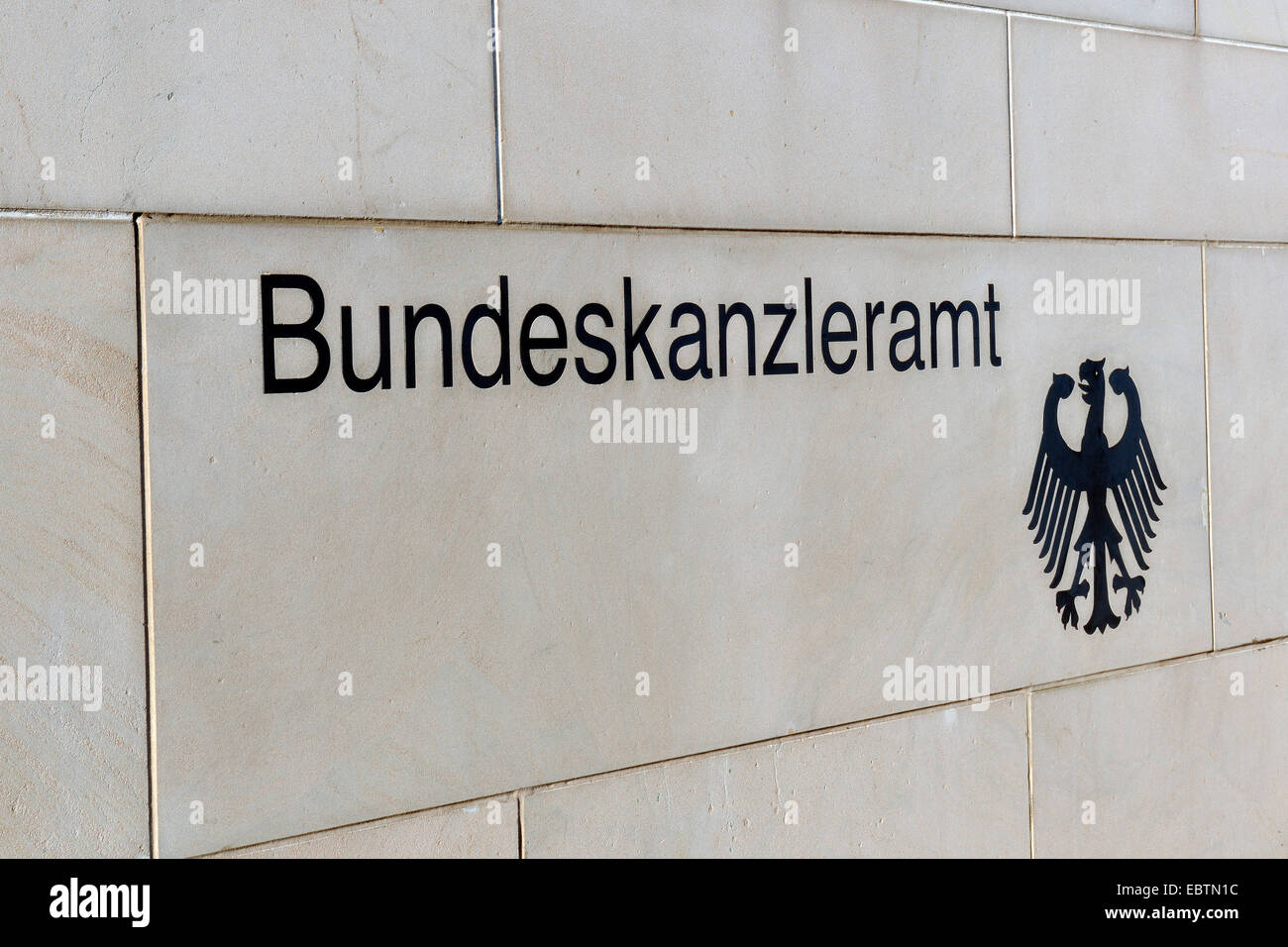 'Bundeskanzleramt' and federal eagle at the wall of German chancellery ...