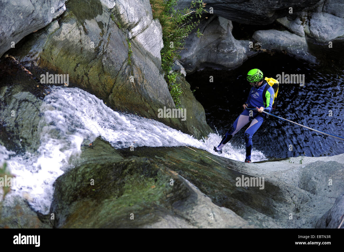 man canyoning the canyon of Viula, France, Corsica, Nonza Stock Photo ...