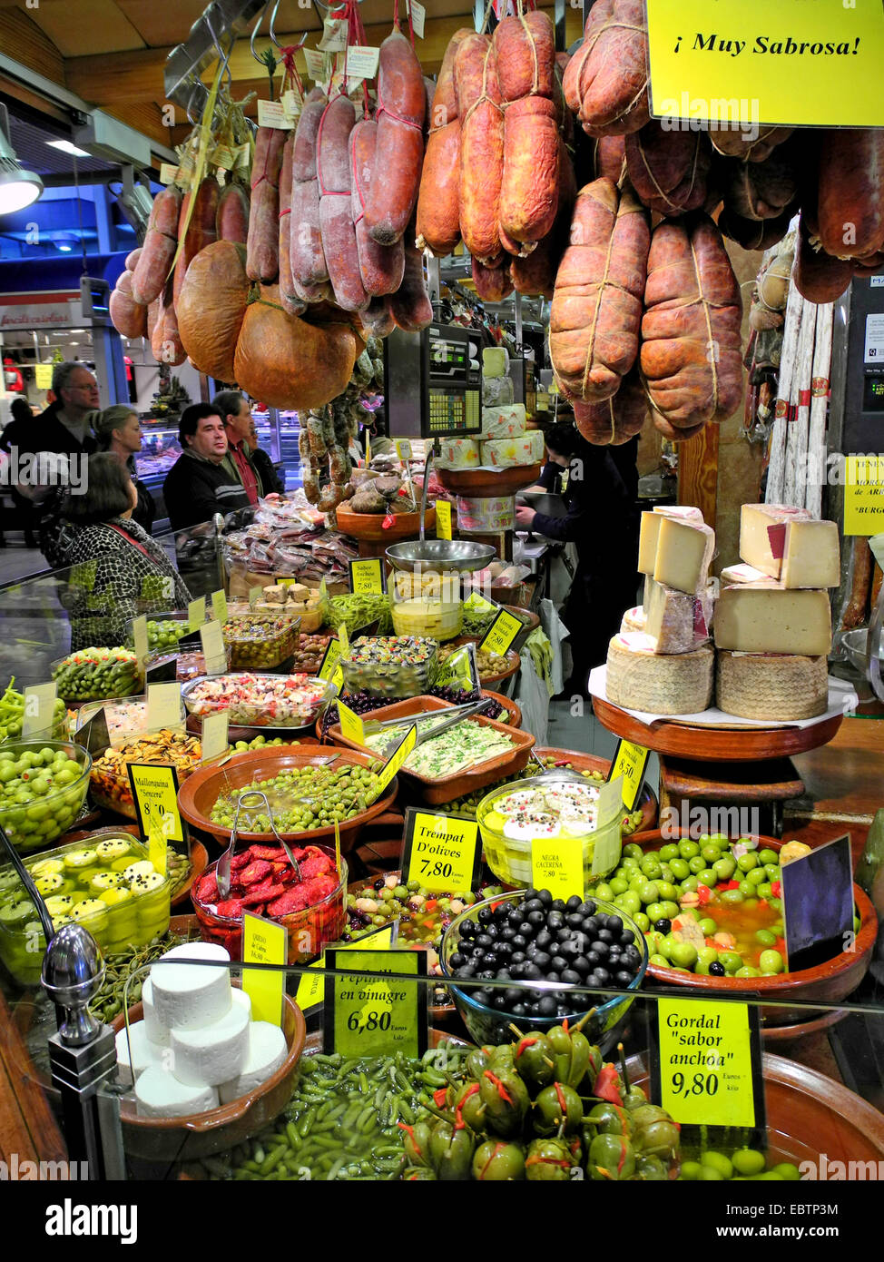 market stand with meat, olives and cheese, Spain, Balearen, Majorca ...