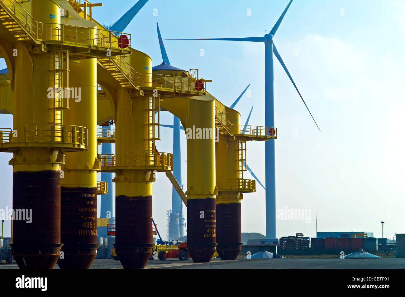 wind power stations and parts of offshore wind farm, Germany, Lower ...