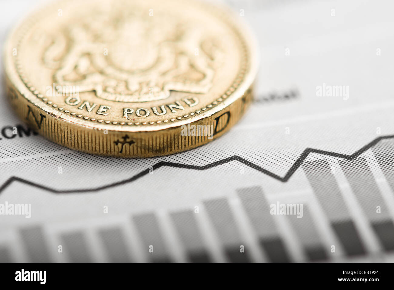 One pound coin on fluctuating graph. Rate of the pound sterling ...