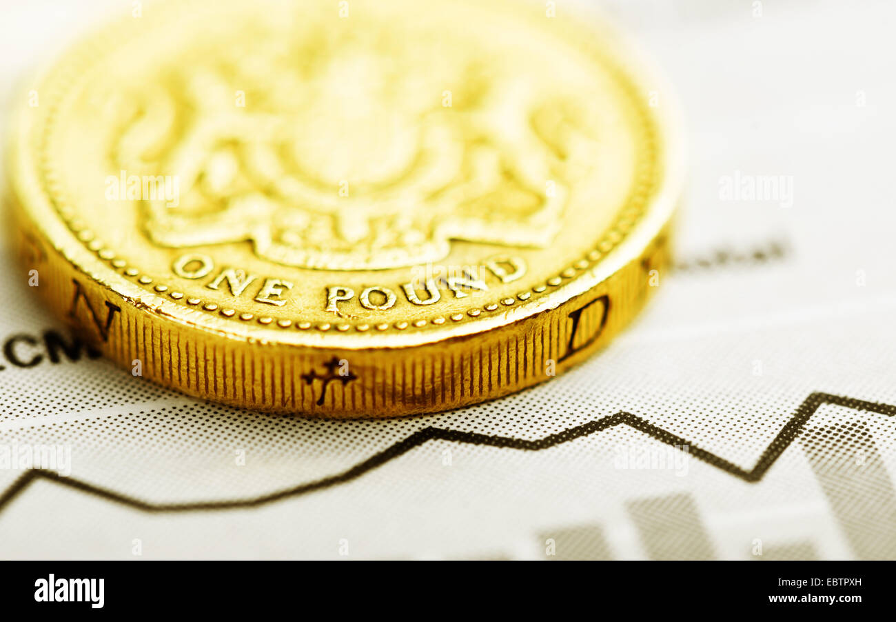 One pound coin on fluctuating graph. Rate of the pound sterling ...