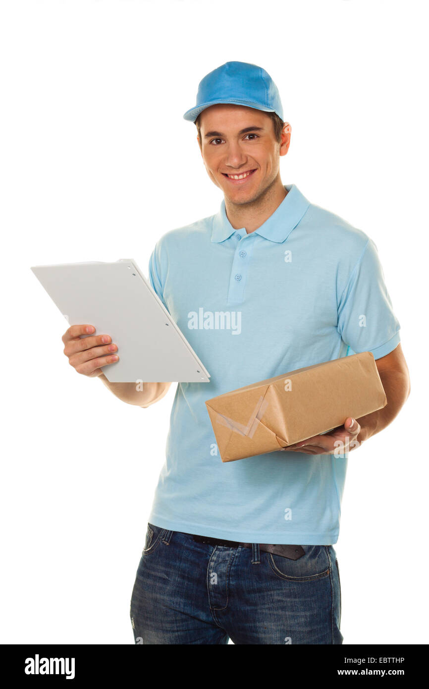 messenger from parcel service delivers post parcel Stock Photo - Alamy