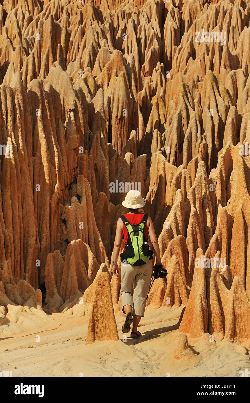 tourist in red karst limestone formation, Madagascar, Nationalpark ...