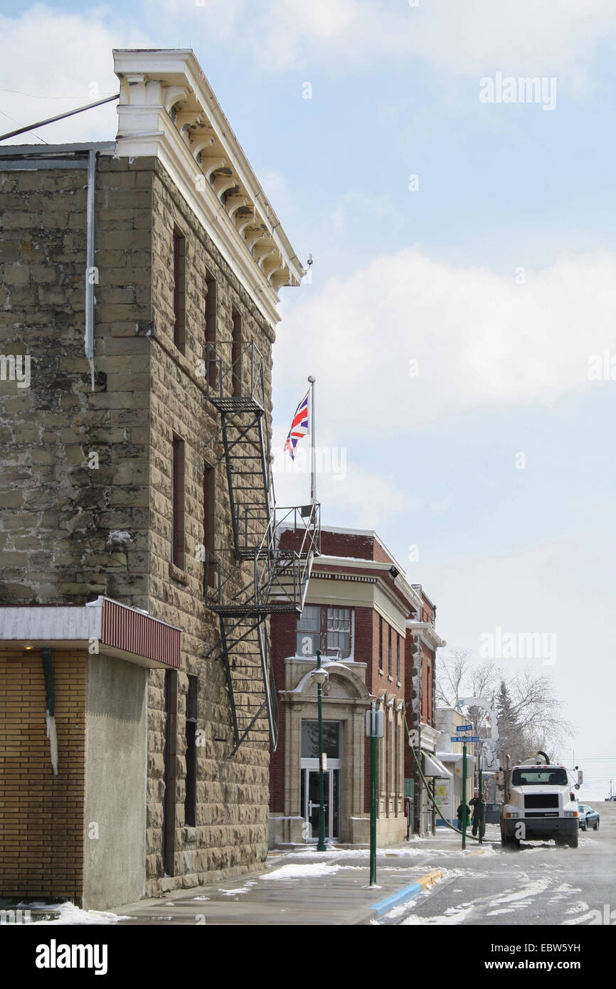 Fort MacLeod, Alberta, Canada. Side street and building with fire ...