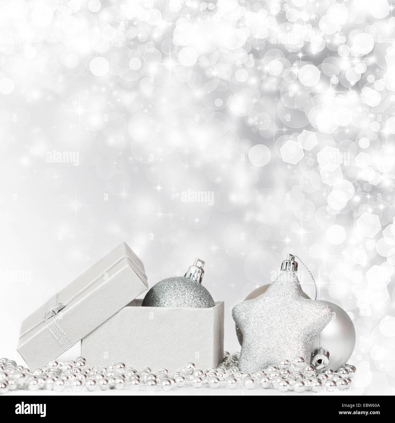 Silver Christmas background with Christmas balls and decorations Stock ...