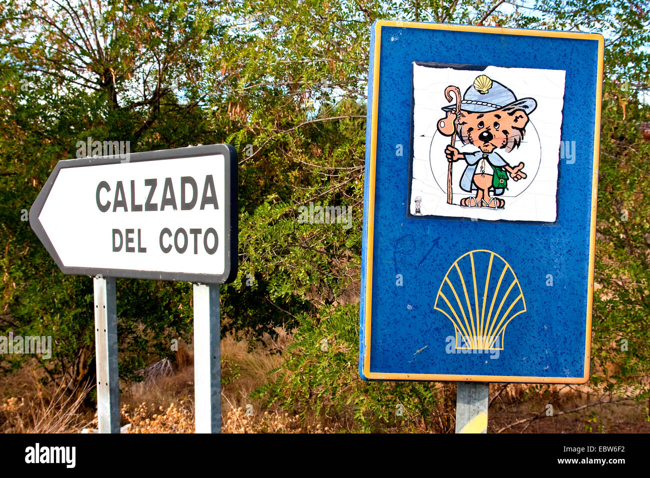 hiking rat on the Way of St James, humorous signpost at the way between ...
