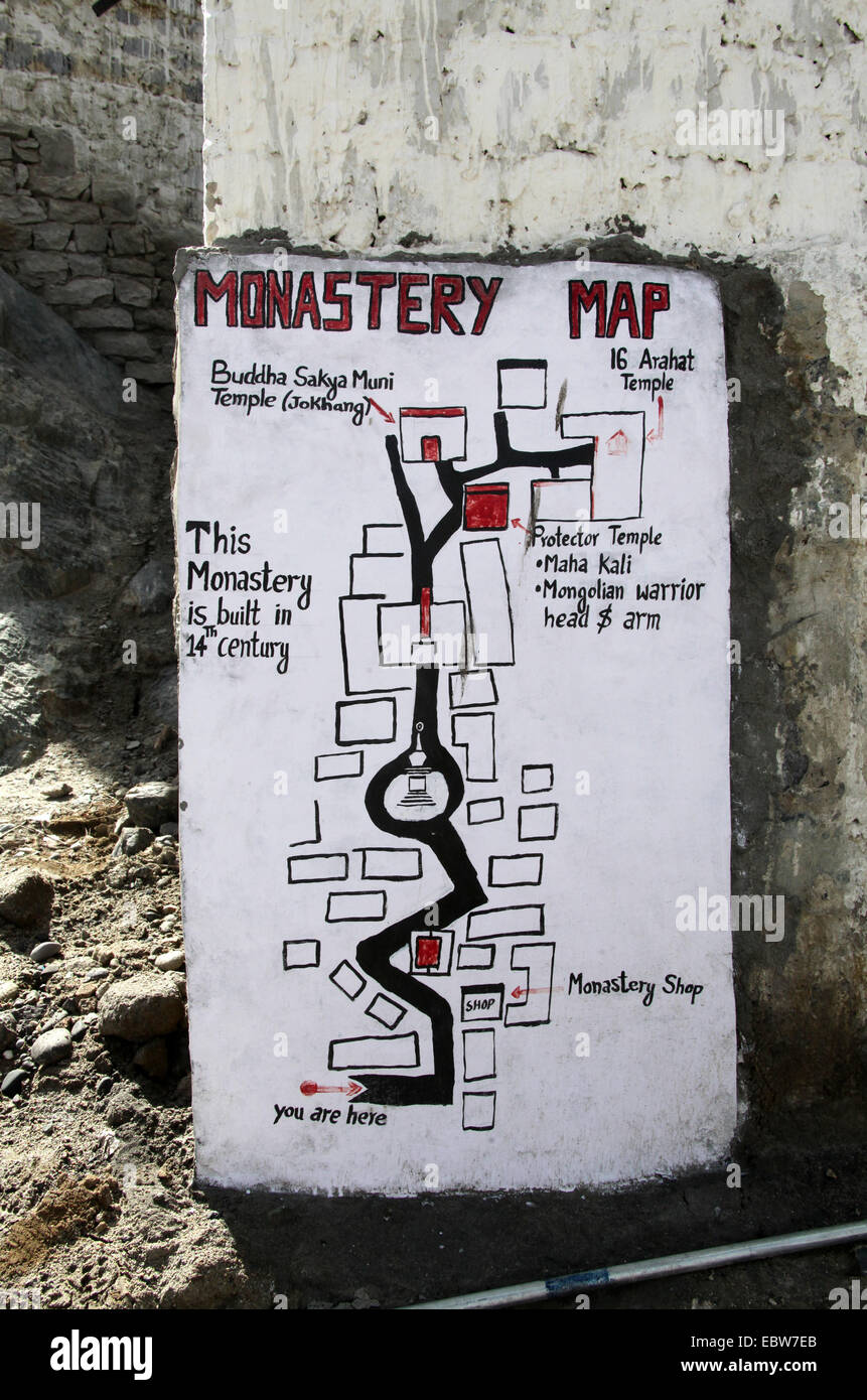 Monastery map on the wall of Diskit Gompa at Ladakh in northern India ...
