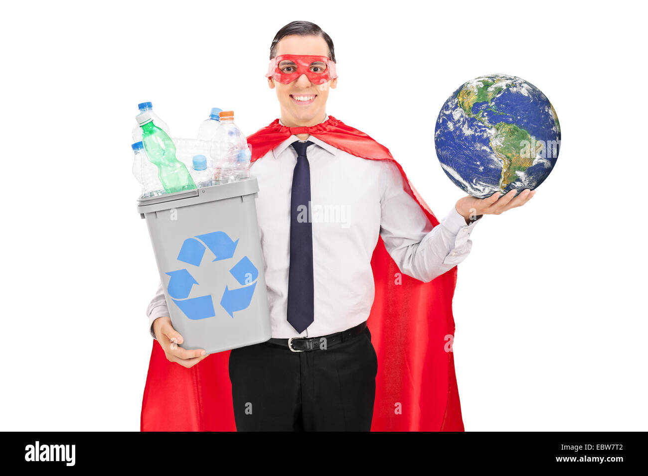Superhero holding recycle bin and the earth isolated on white ...