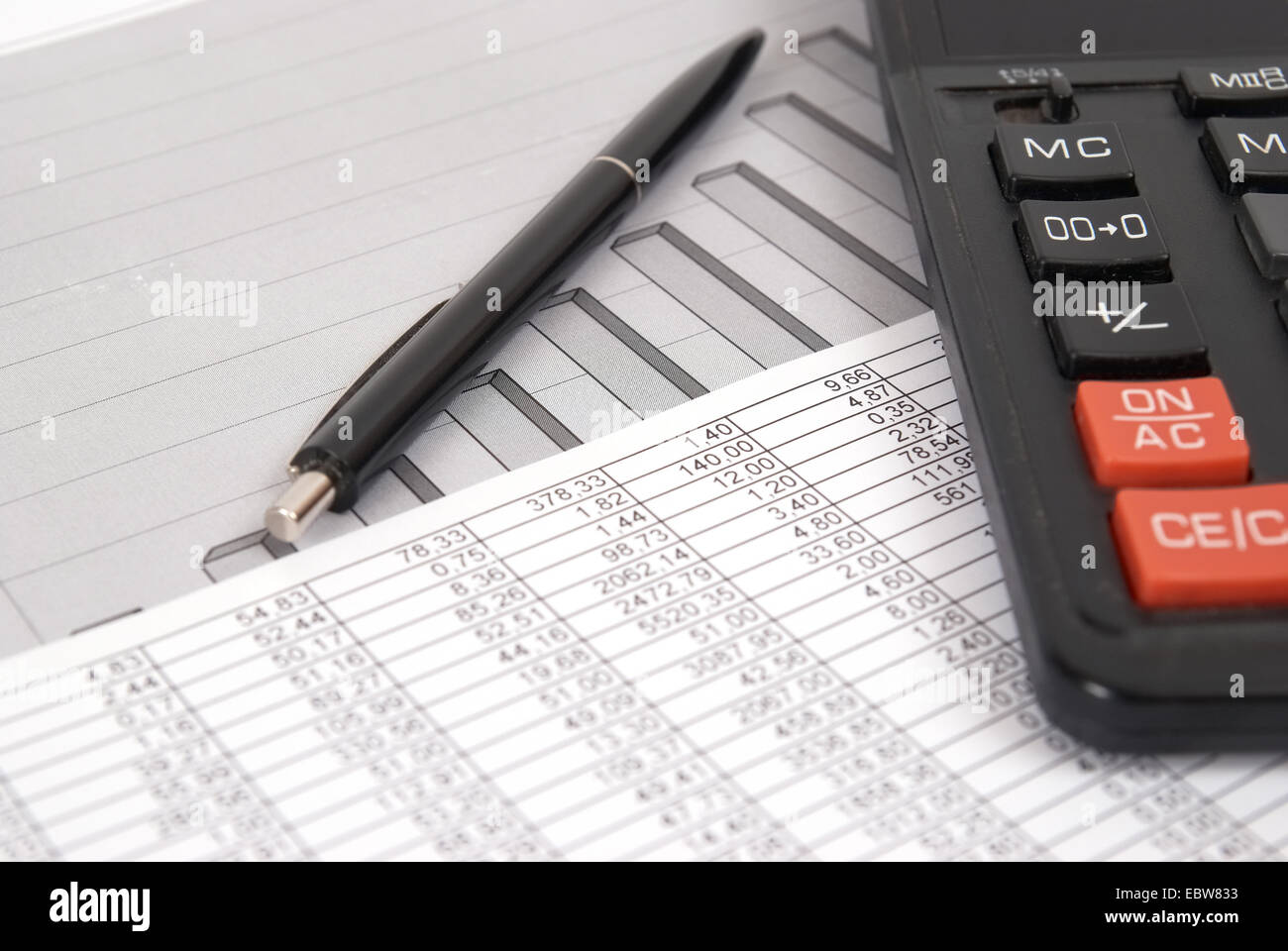 Pen and calculator on paper table with finance diagram Stock Photo - Alamy