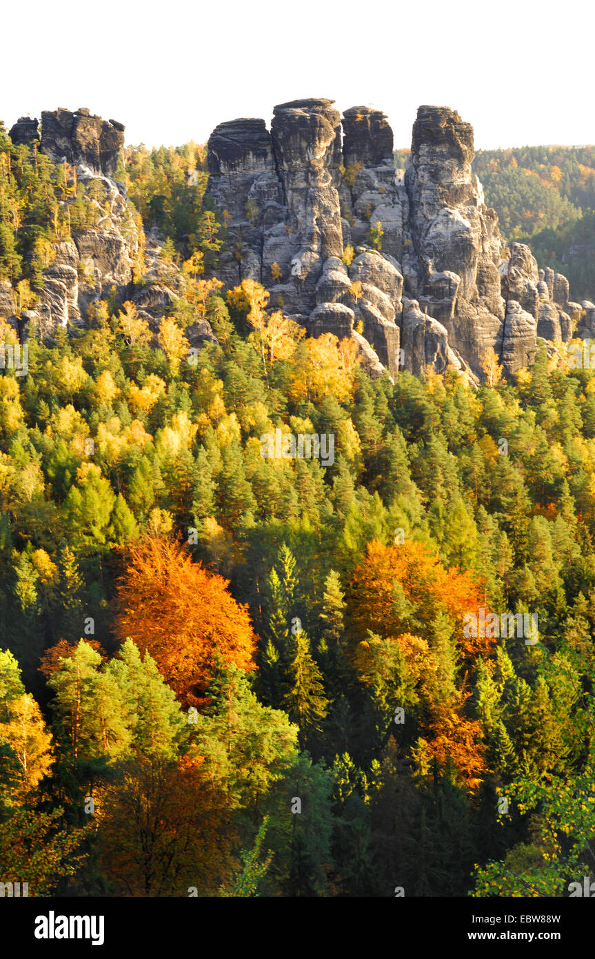 view from the Bastei in autumn, Germany, Saxony, Nationalpark ...