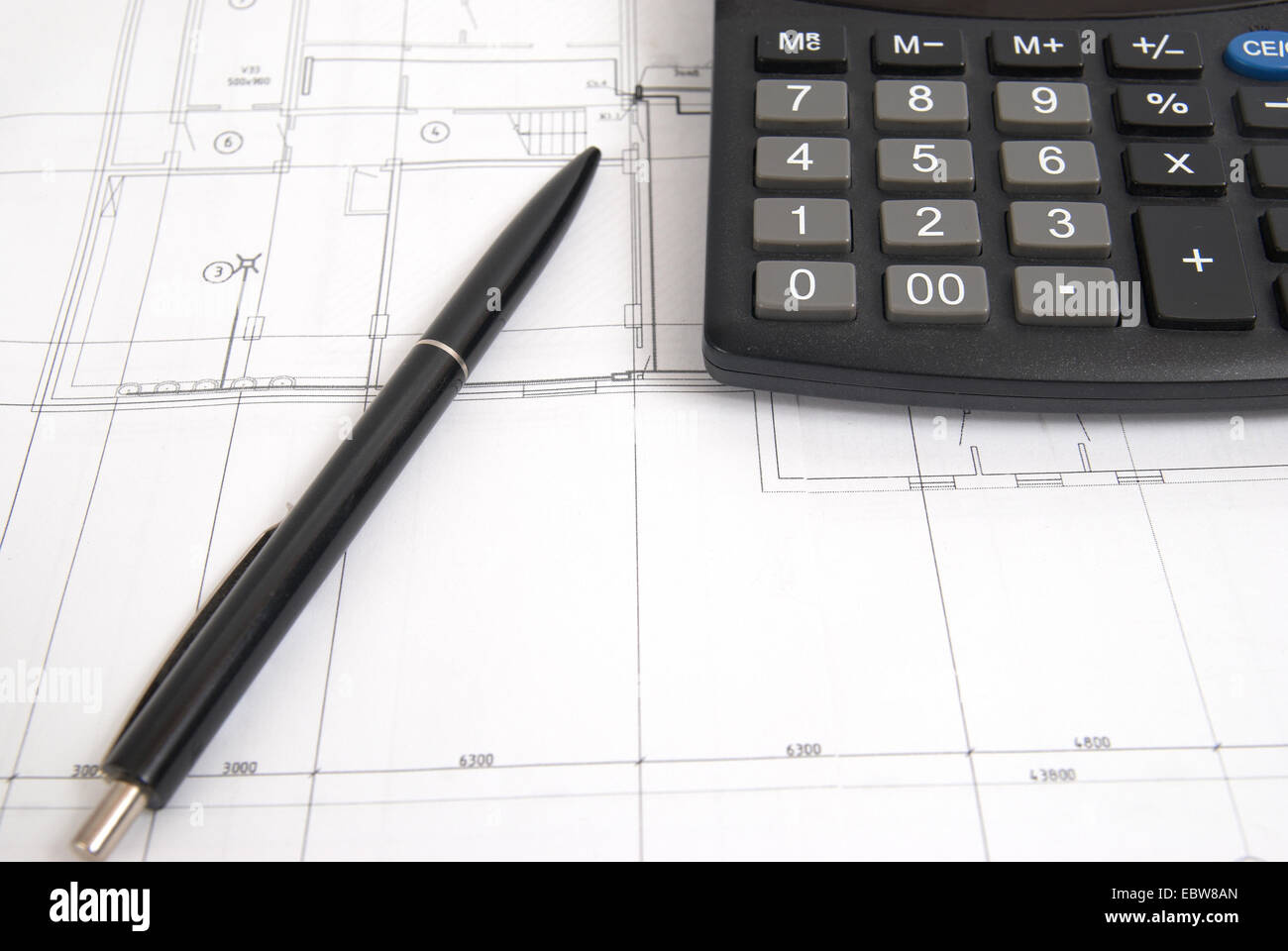 Working drawing with calculator and pen. Engineering equipment Stock ...