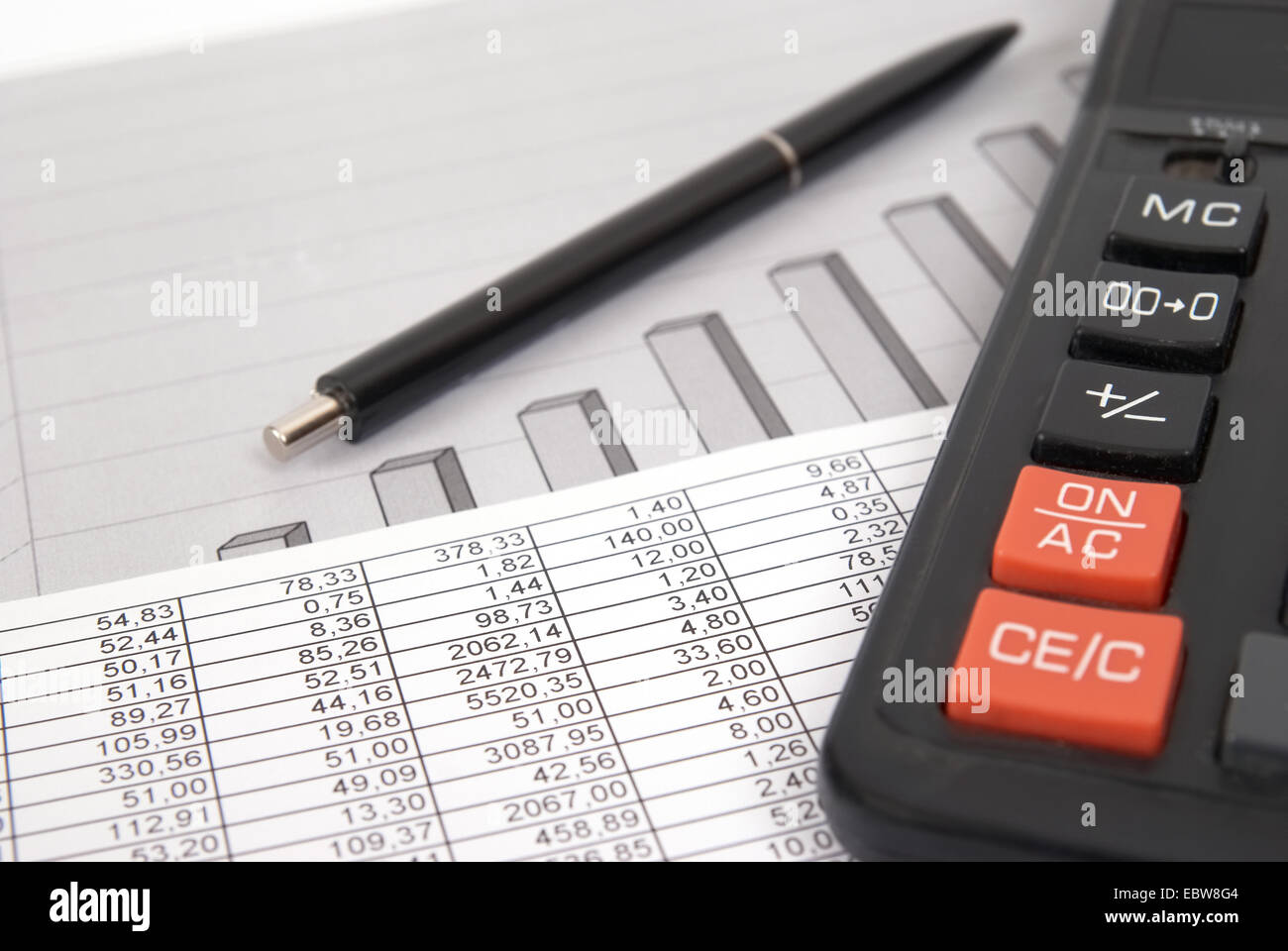Pen and calculator on paper table with finance diagram Stock Photo - Alamy