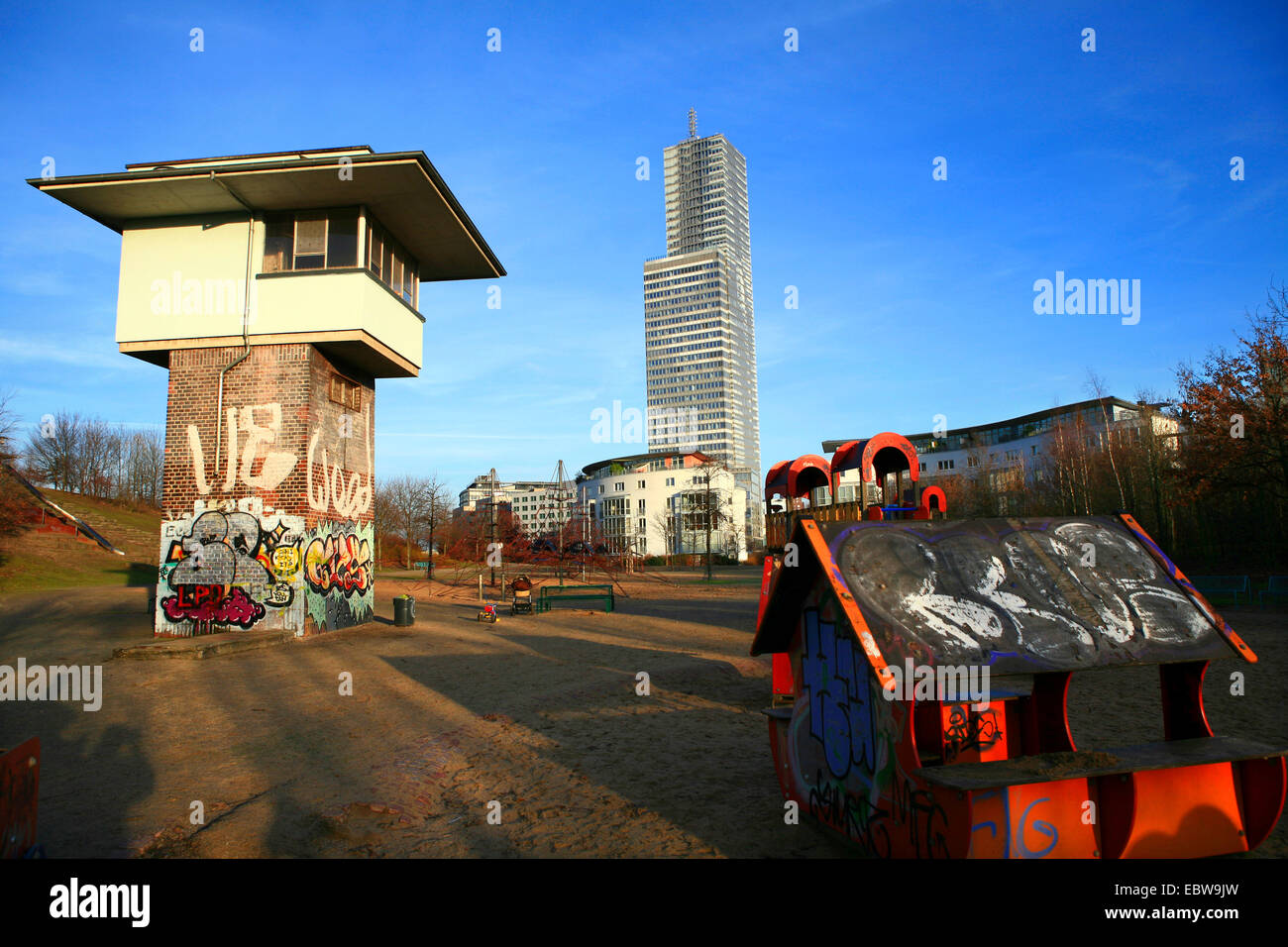 old gantry signal box and Cologne Tower, Germany, North Rhine ...